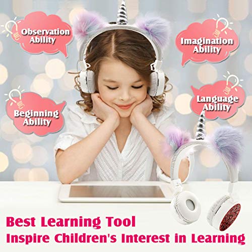 JINSERTA Bluetooth 5.0 Headphones with Fluffy Cat Ears for Kids, Kids Headband Earphone Foldable Headset Rechargeable Support TF Card, FM, Aux in (Black)