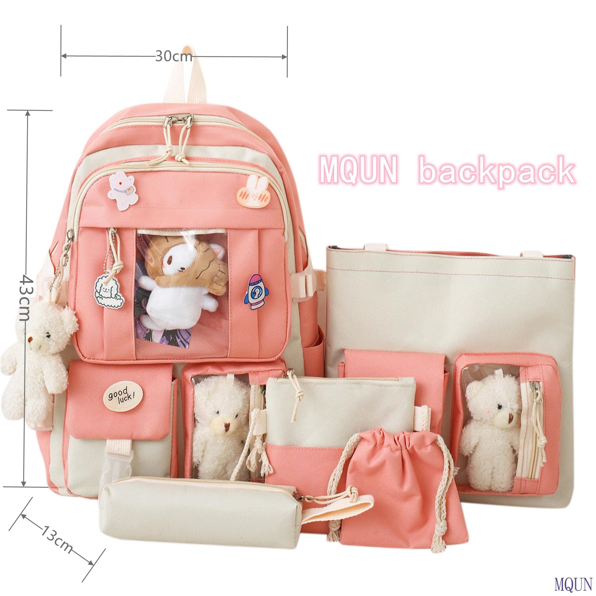 MQUN Kawaii Backpack 5 Pcs School Backpack Cute Aesthetic BackpackSet Aesthetic School Bags Cute Bookbag with Badge& Plush Pendan,Shoulder Bag,Pencil Box,Tote Bag,Small Bag