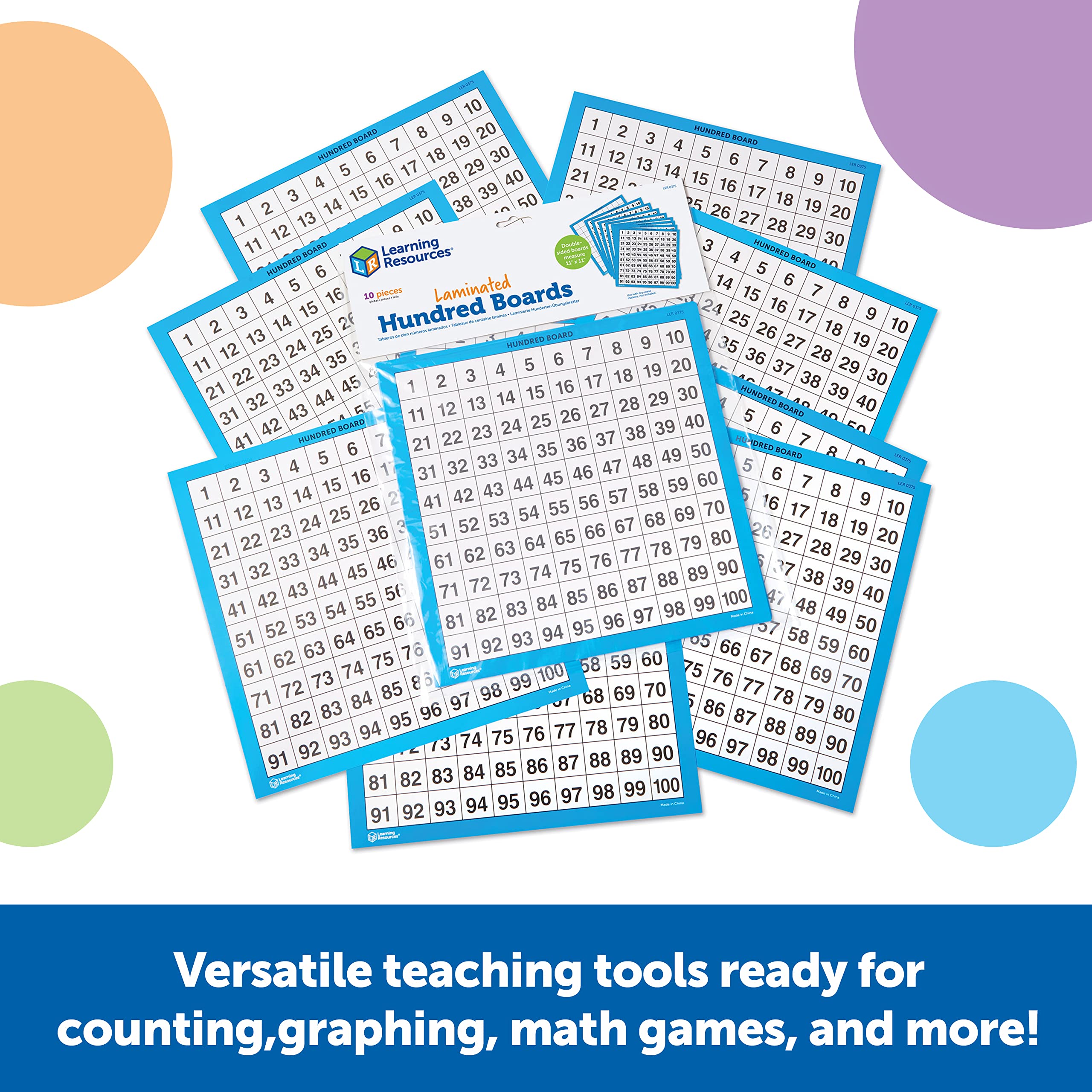 Learning Resources Laminated Hundred Boards, Dry-Erase Counting Aid, Set of 10, Ages 5+, Multicolor, Model:LER0375