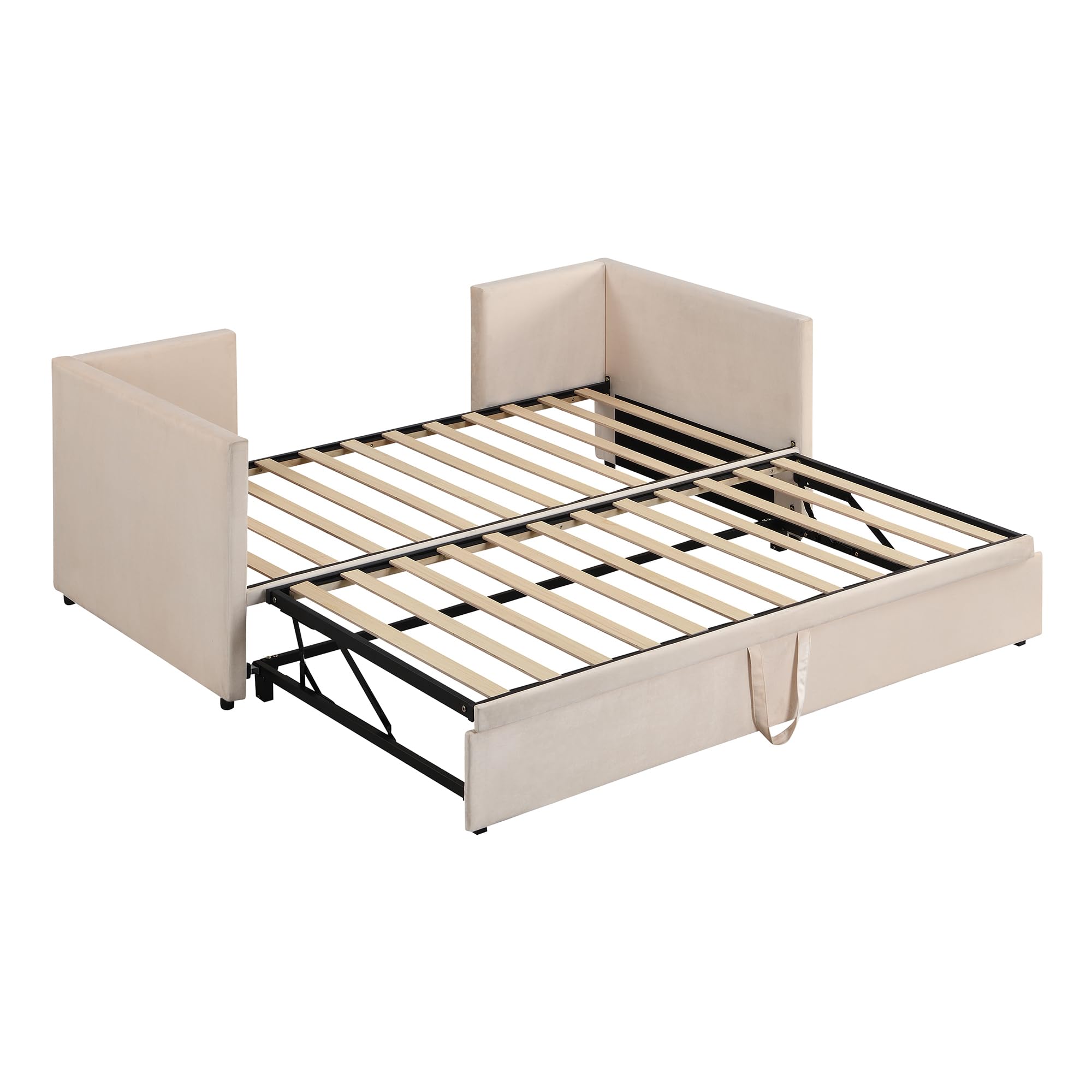 Eafurn Upholstered Daybed with Trundle,Extendable Daybed with Trundle Bed, Twin to King Daybed,Velvet Upholstered Daybed Sofa Bed w/Wood Slat, Twin Size Upholstered Daybed for Kid Boys Girls