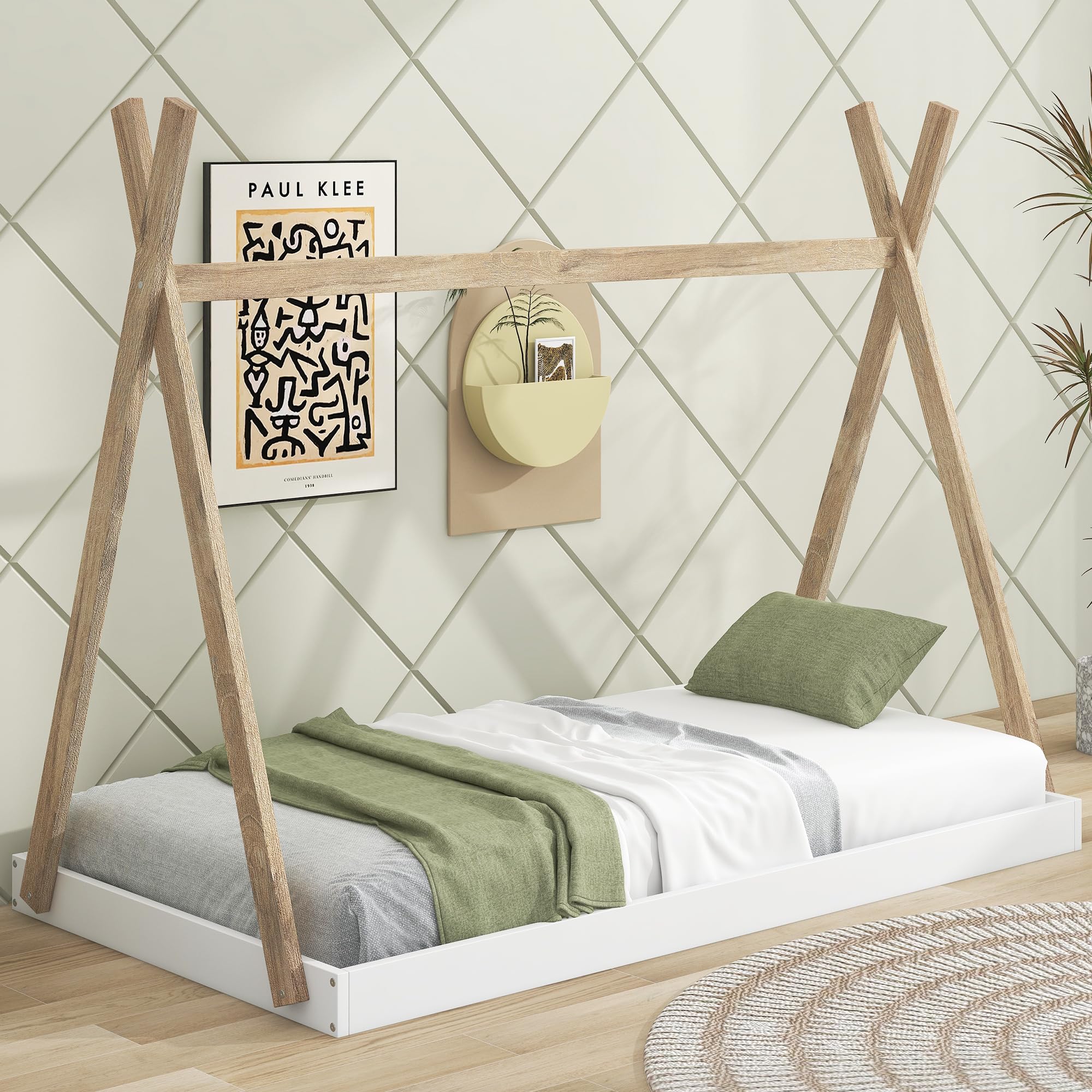 Merax Twin Wood Teepee Bed, Cute Floor Tent Bed for Kids Boys Girls,Easy Assemble White/Natural