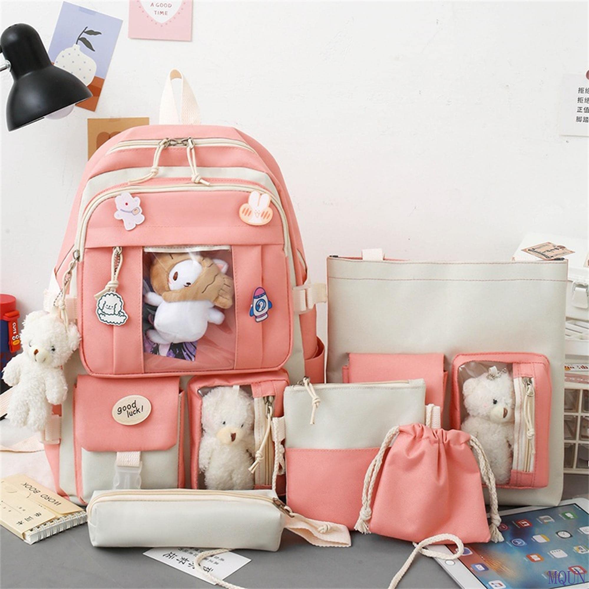 MQUN Kawaii Backpack 5 Pcs School Backpack Cute Aesthetic BackpackSet Aesthetic School Bags Cute Bookbag with Badge& Plush Pendan,Shoulder Bag,Pencil Box,Tote Bag,Small Bag