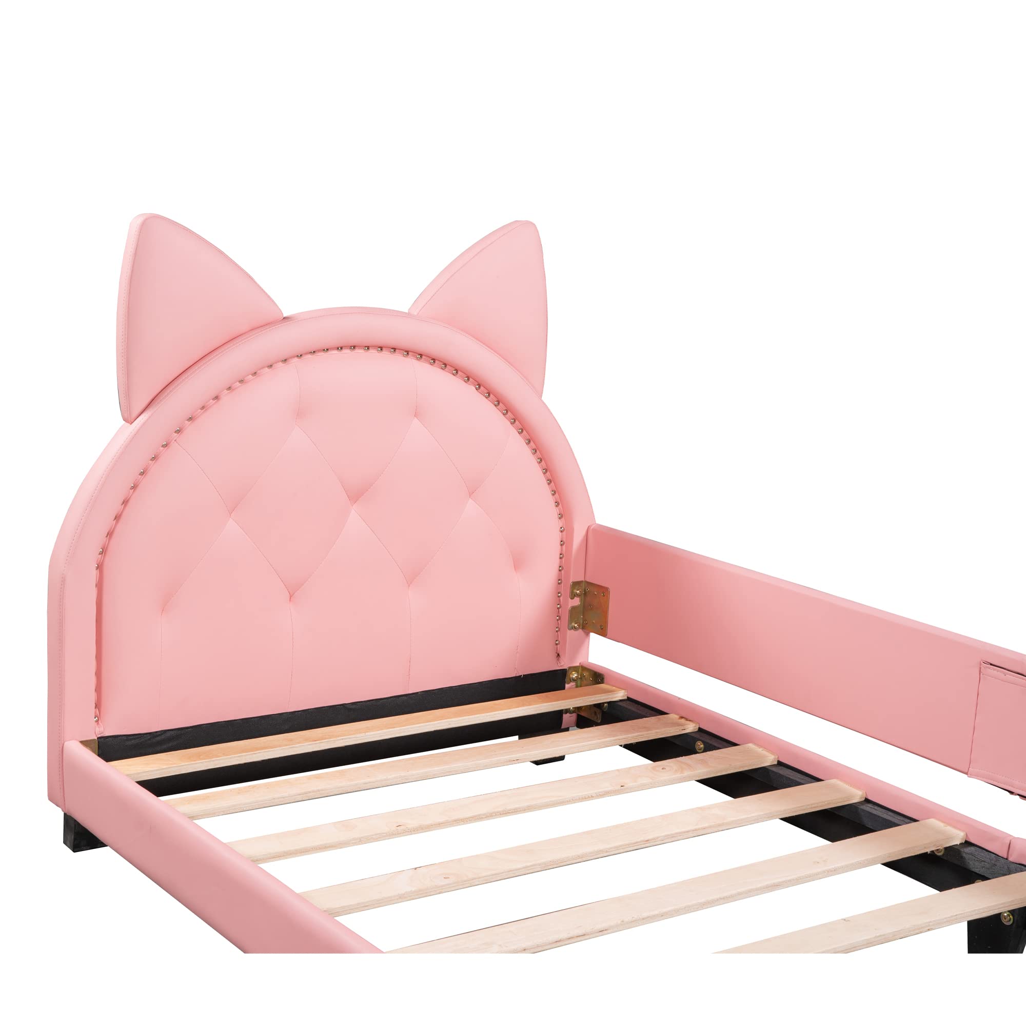 Upholstered Twin Daybed Frame for Kids, PU Leather Twin Platform Bed with Carton Ears Shaped Headboard, Wood Twin Sofa Bed for Girls Boys, No Box Spring Needed, Pink