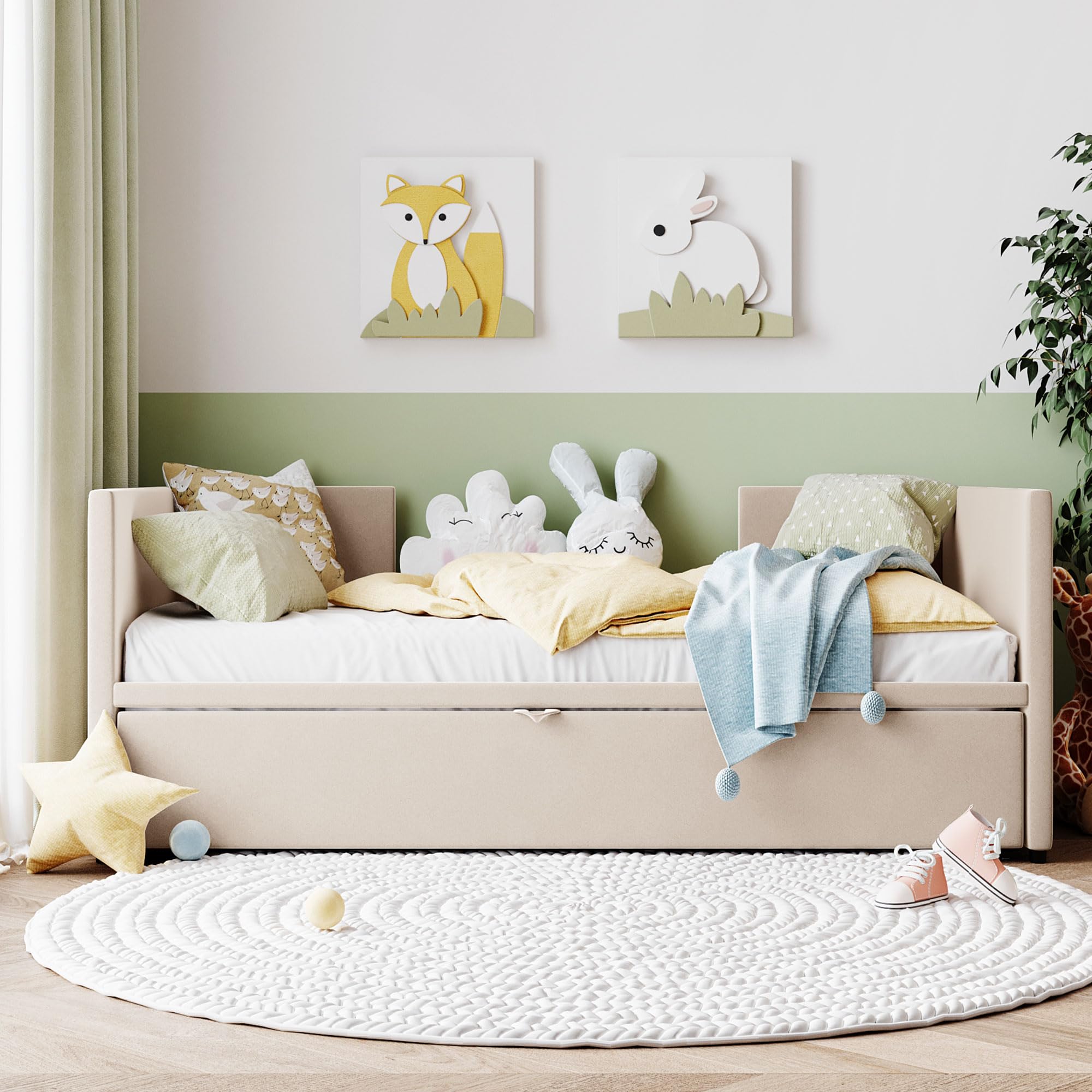 Eafurn Upholstered Daybed with Trundle,Extendable Daybed with Trundle Bed, Twin to King Daybed,Velvet Upholstered Daybed Sofa Bed w/Wood Slat, Twin Size Upholstered Daybed for Kid Boys Girls