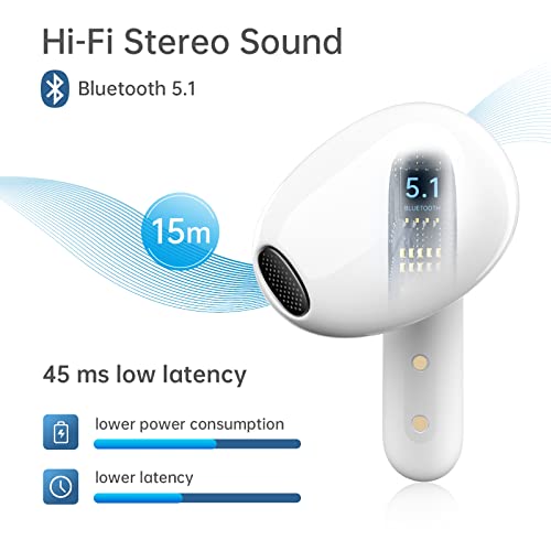 True Wireless Earbuds, 4 Mics Call Noise Cancelling Headphones 13mm Dynamic Driver for Deep Bass & Stereo Sound, Wireless Charging Case, Aadaptive EQ & Low Latency for Online Meeting & Sport(White)