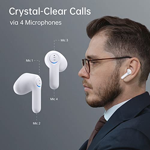 True Wireless Earbuds, 4 Mics Call Noise Cancelling Headphones 13mm Dynamic Driver for Deep Bass & Stereo Sound, Wireless Charging Case, Aadaptive EQ & Low Latency for Online Meeting & Sport(White)