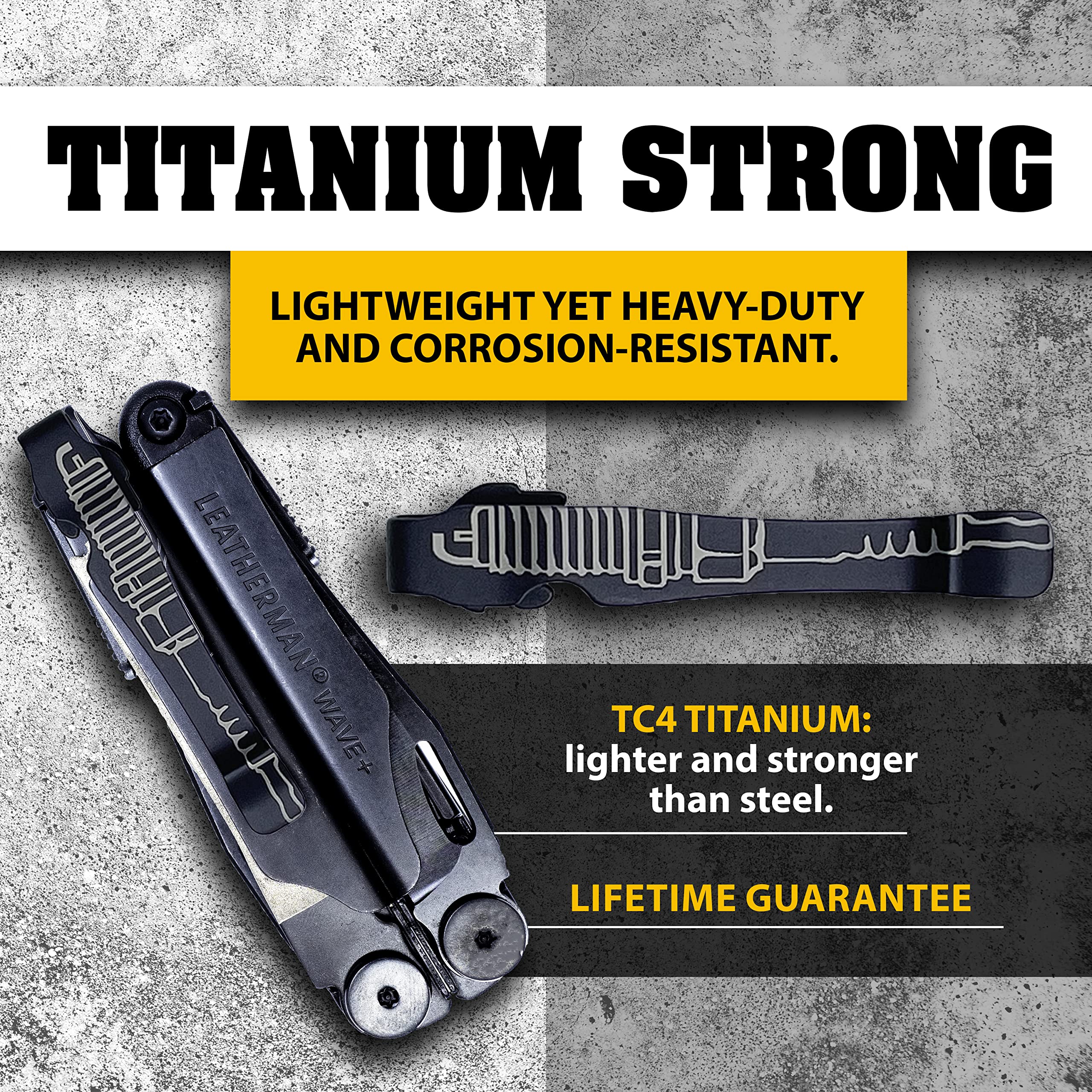 Donk! Pocket Clip for Leatherman Wave, Wave Plus+, Surge & Charge AL, ALX, Ti, XTi - Titanium TC4 - Custom Designs - Quick Release - Extra Carry Options ‘Sparka’