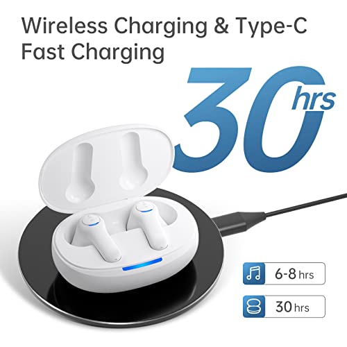 True Wireless Earbuds, 4 Mics Call Noise Cancelling Headphones 13mm Dynamic Driver for Deep Bass & Stereo Sound, Wireless Charging Case, Aadaptive EQ & Low Latency for Online Meeting & Sport(White)