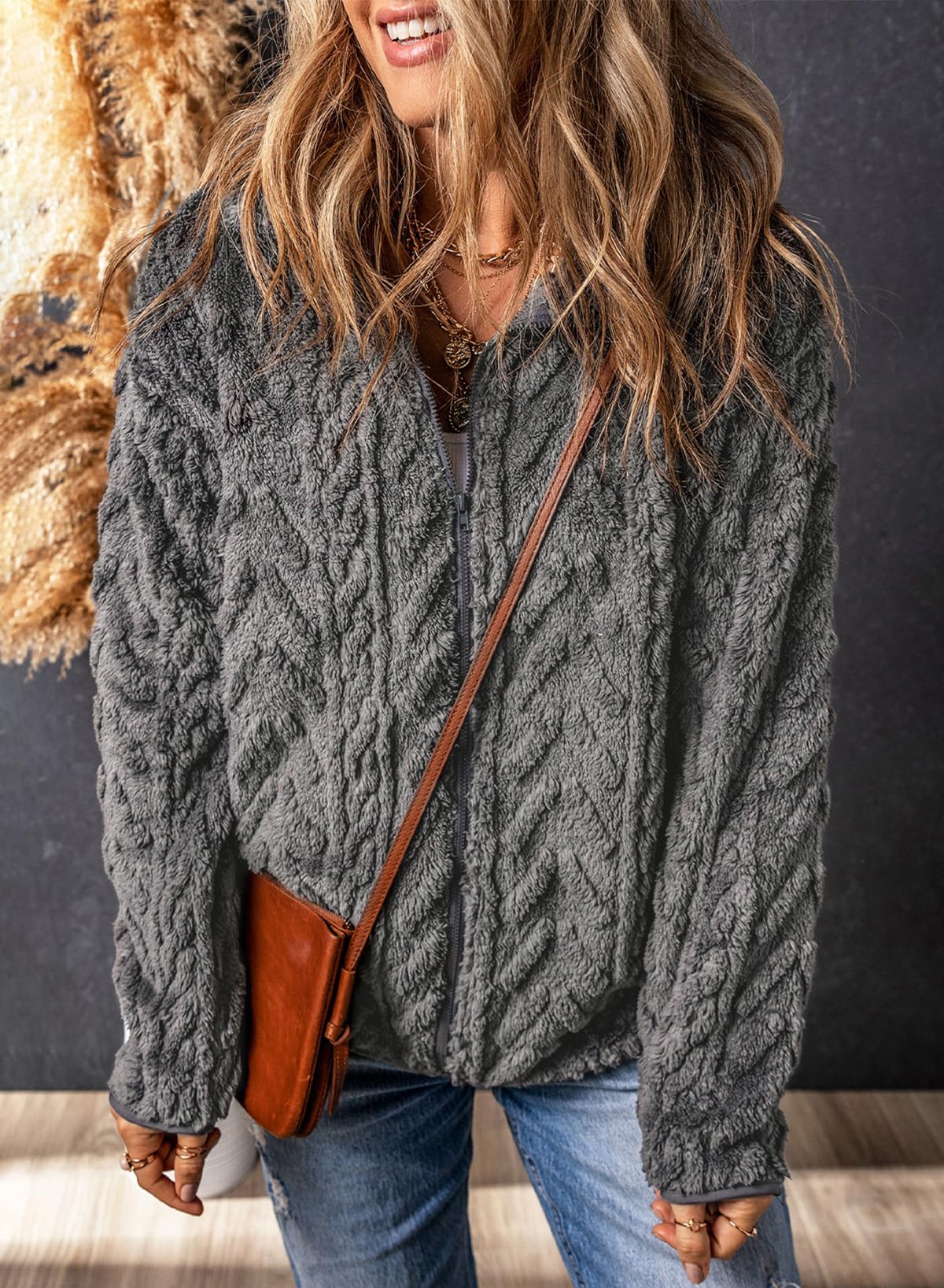 Dokotoo Women Fleece Winter Jackets Zip Up Casual Teddy Bear Long Sleeves Tops Side Pockets Oversized Short Coats Baggy Outerwears,Gray XX-Large