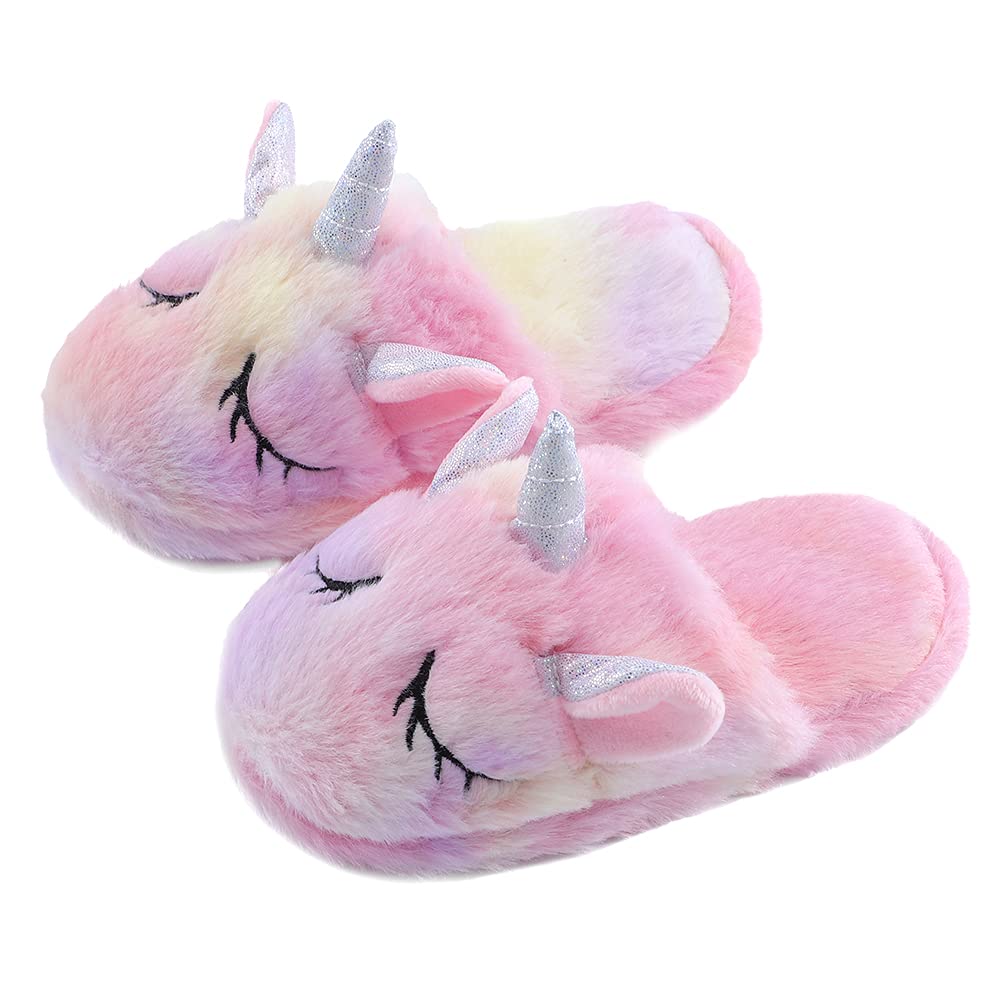 KAKU NANU Kids Slippers Fluffy Slippers Warm Rainbow Slippers Memory Foam Home Slides for Girls Boys(8.5-9.5 little kid)