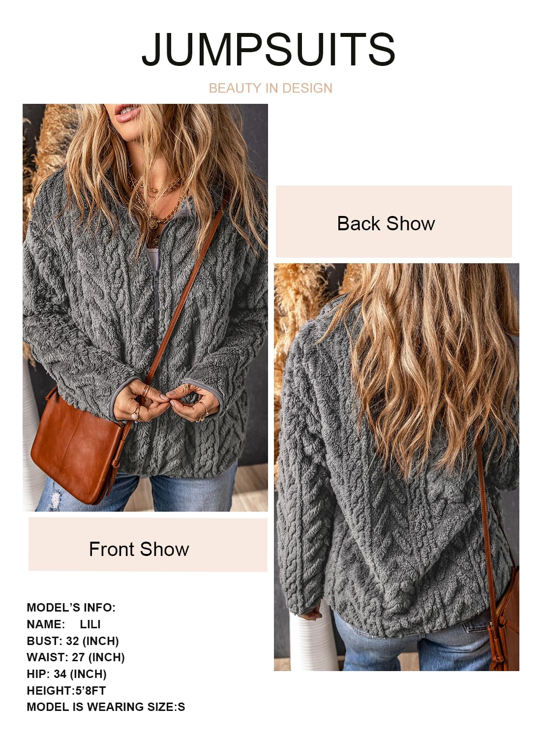 Dokotoo Women Fleece Winter Jackets Zip Up Casual Teddy Bear Long Sleeves Tops Side Pockets Oversized Short Coats Baggy Outerwears,Gray XX-Large