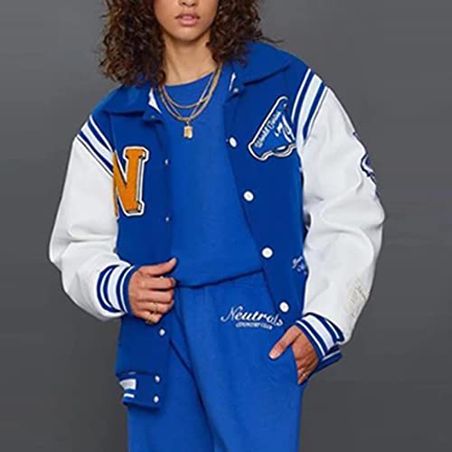 Creaion Men's Varsity Jackets Letterman Jacket Baseball Football Jacket Racer Jacket Y2K Blue and White Jacket Men Bomber Jacket