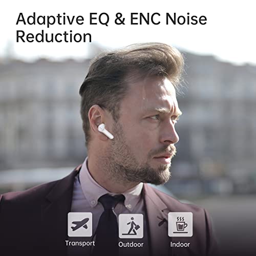 True Wireless Earbuds, 4 Mics Call Noise Cancelling Headphones 13mm Dynamic Driver for Deep Bass & Stereo Sound, Wireless Charging Case, Aadaptive EQ & Low Latency for Online Meeting & Sport(White)