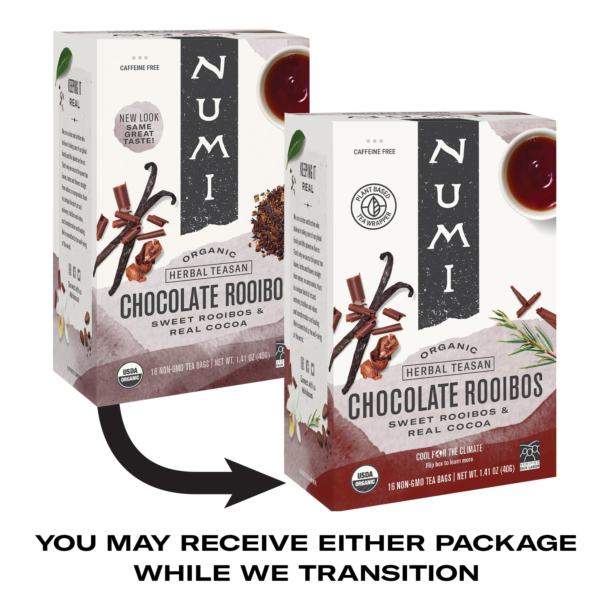Numi Organic Chocolate Rooibos Tea, 16 Tea Bags (Pack of 6), Red Tea with Cocoa, Honeybush & Vanilla (Packaging May Vary)