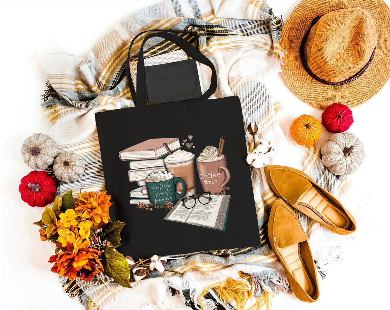 GXVUIS Coffee And Books Canvas Tote Bag for Women Aesthetic Hand Drawn Graphic Reusable Grocery Shoulder Shopping Bags Black