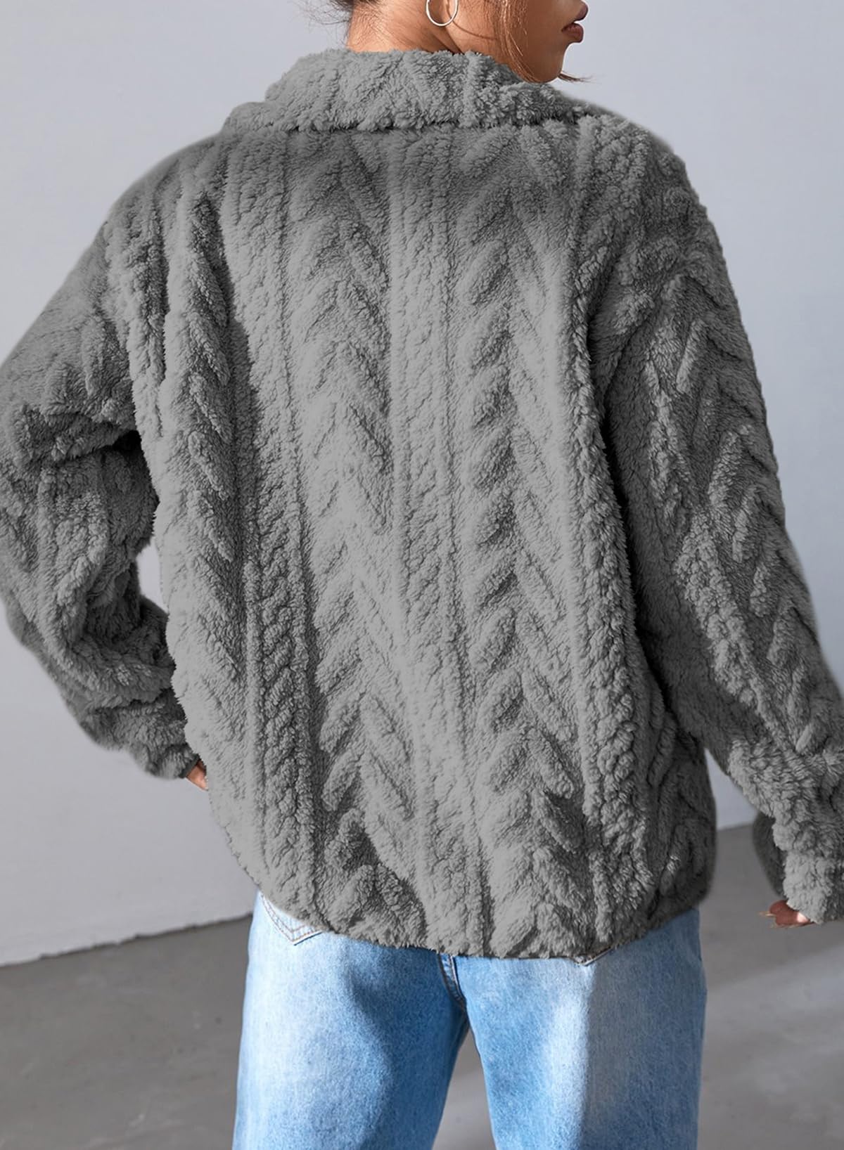 Dokotoo Women Fleece Winter Jackets Zip Up Casual Teddy Bear Long Sleeves Tops Side Pockets Oversized Short Coats Baggy Outerwears,Gray XX-Large