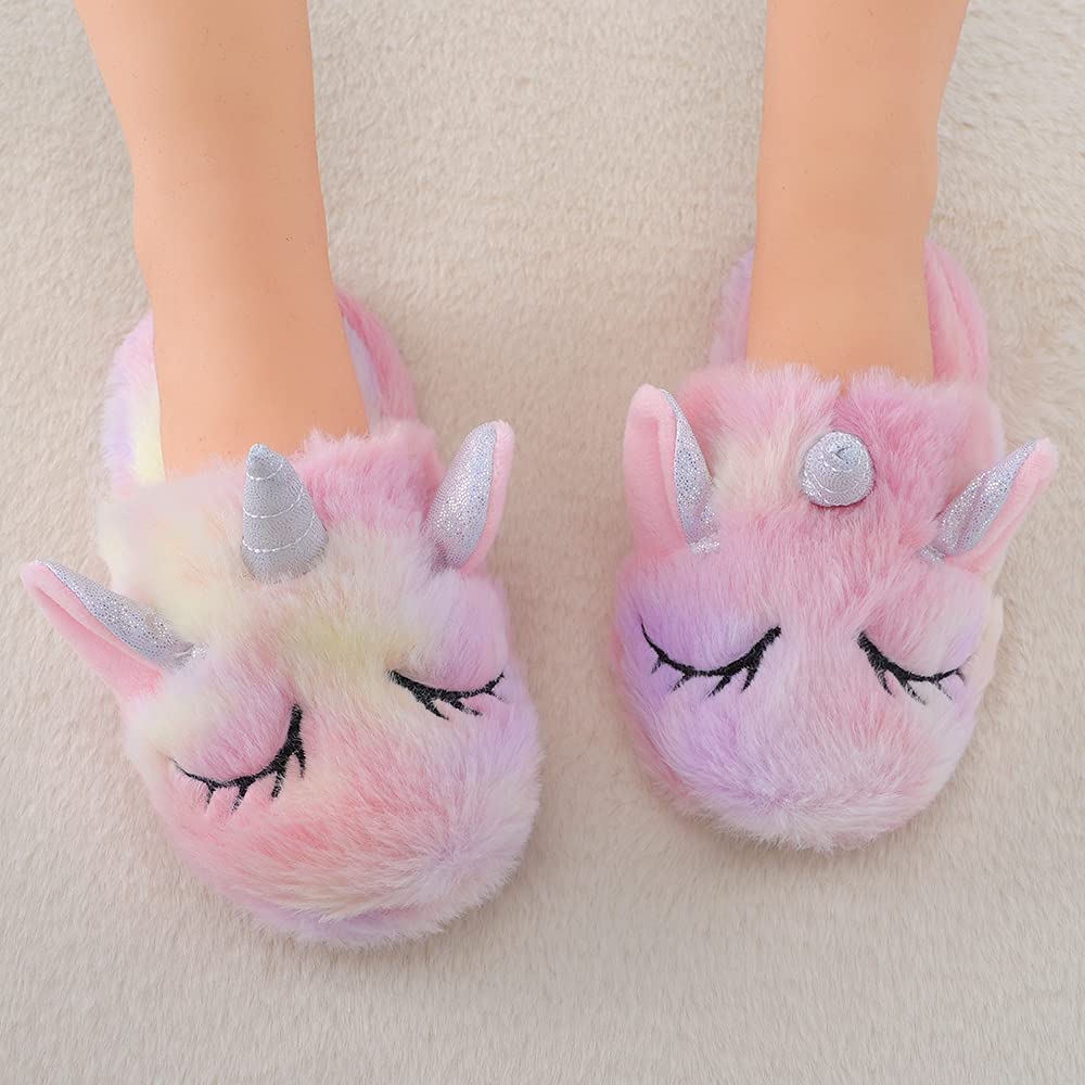 KAKU NANU Kids Slippers Fluffy Slippers Warm Rainbow Slippers Memory Foam Home Slides for Girls Boys(8.5-9.5 little kid)