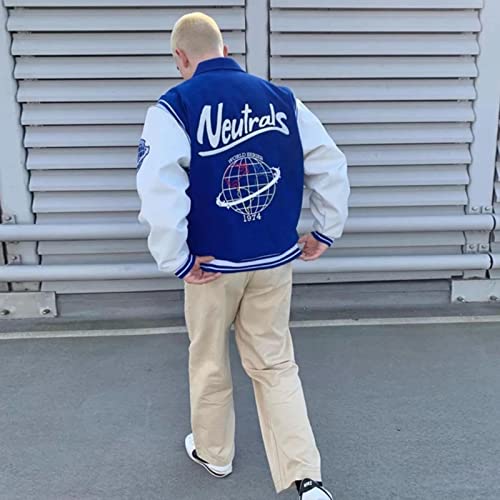 Creaion Men's Varsity Jackets Letterman Jacket Baseball Football Jacket Racer Jacket Y2K Blue and White Jacket Men Bomber Jacket