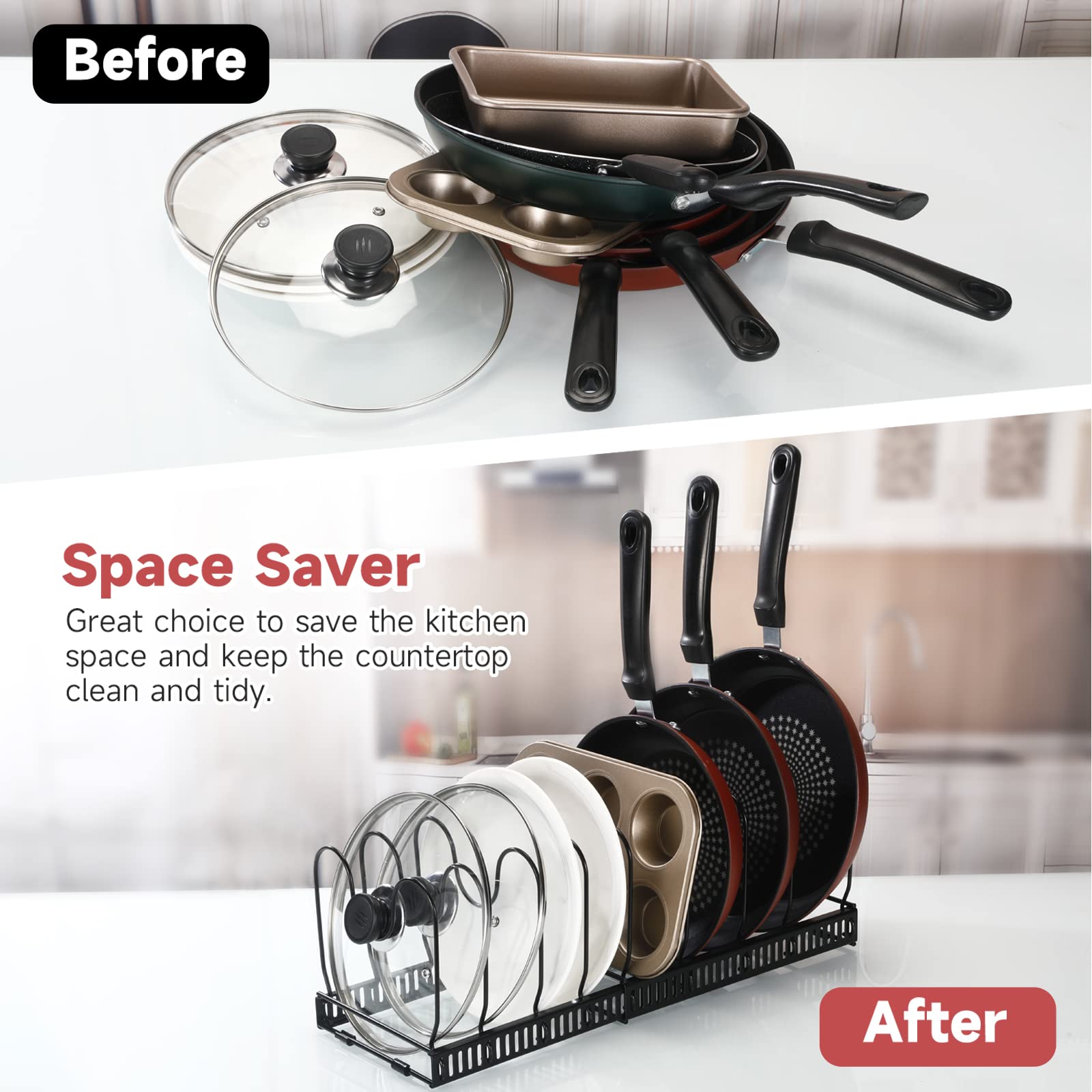 Mr Rabbi Pots and Pans Organizer Rack For Cabinet, 2 Pack Pot Lid Organizers, Or 1 Expandable Pot Rack For Kitchen Cabinet Pantry Bakeware Lid Holder with 10 Adjustable Compartments