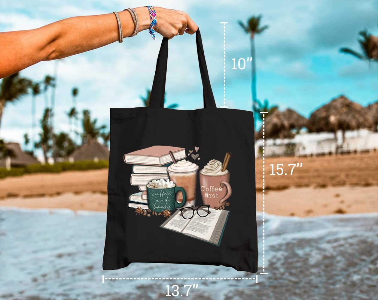 GXVUIS Coffee And Books Canvas Tote Bag for Women Aesthetic Hand Drawn Graphic Reusable Grocery Shoulder Shopping Bags Black