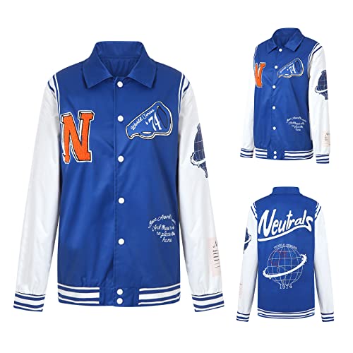 Creaion Men's Varsity Jackets Letterman Jacket Baseball Football Jacket Racer Jacket Y2K Blue and White Jacket Men Bomber Jacket