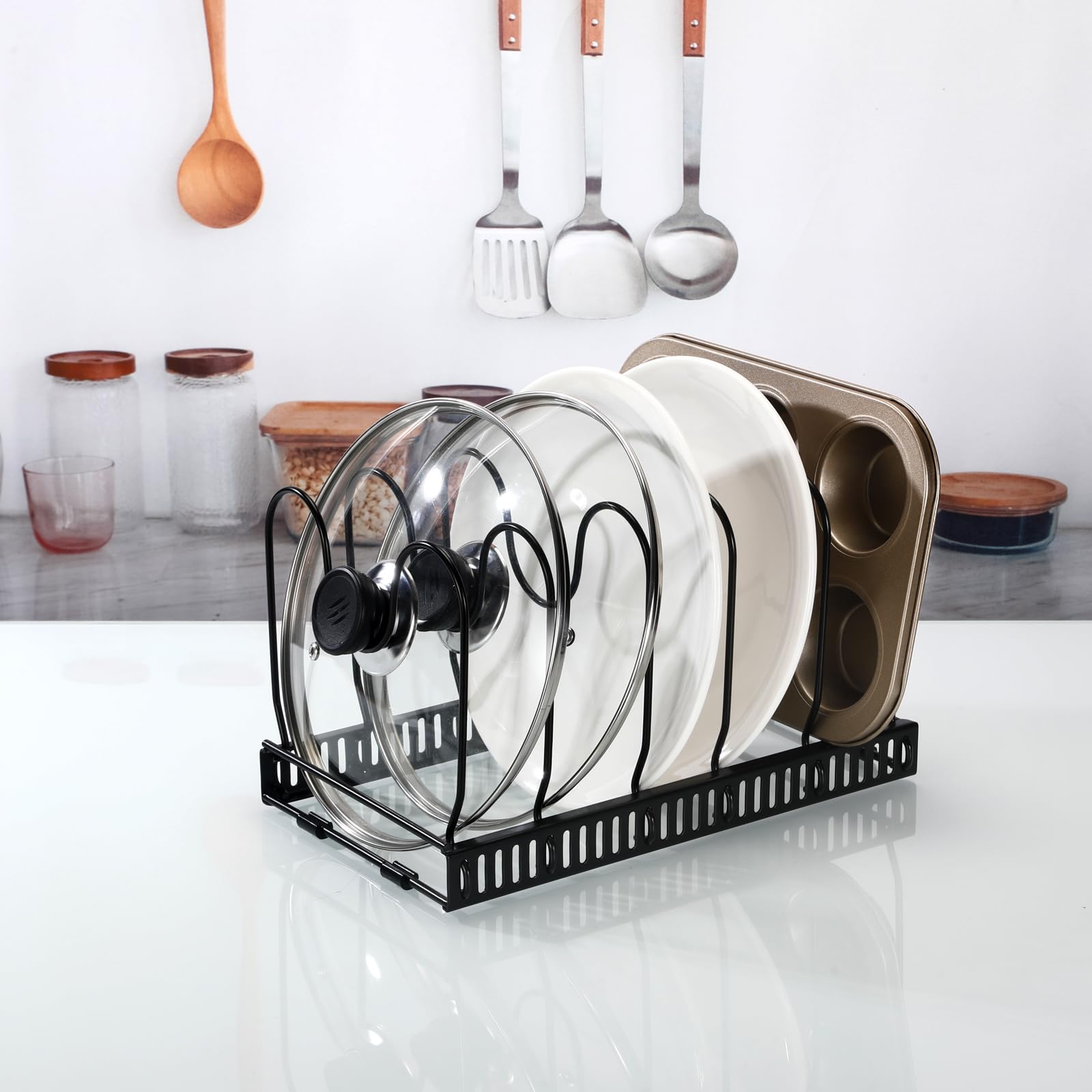 Mr Rabbi Pots and Pans Organizer Rack For Cabinet, 2 Pack Pot Lid Organizers, Or 1 Expandable Pot Rack For Kitchen Cabinet Pantry Bakeware Lid Holder with 10 Adjustable Compartments