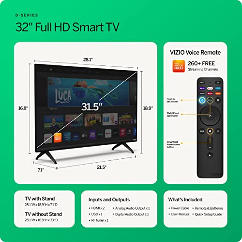 VIZIO 32-inch D-Series Full HD 1080p Smart TV with Apple AirPlay and Chromecast Built-in, Alexa Compatibility, D32fM-K01, 2023 Model