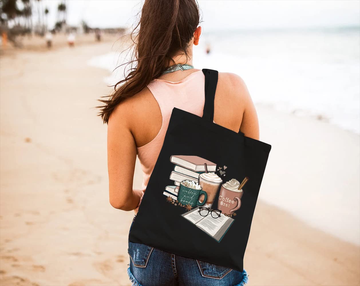 GXVUIS Coffee And Books Canvas Tote Bag for Women Aesthetic Hand Drawn Graphic Reusable Grocery Shoulder Shopping Bags Black