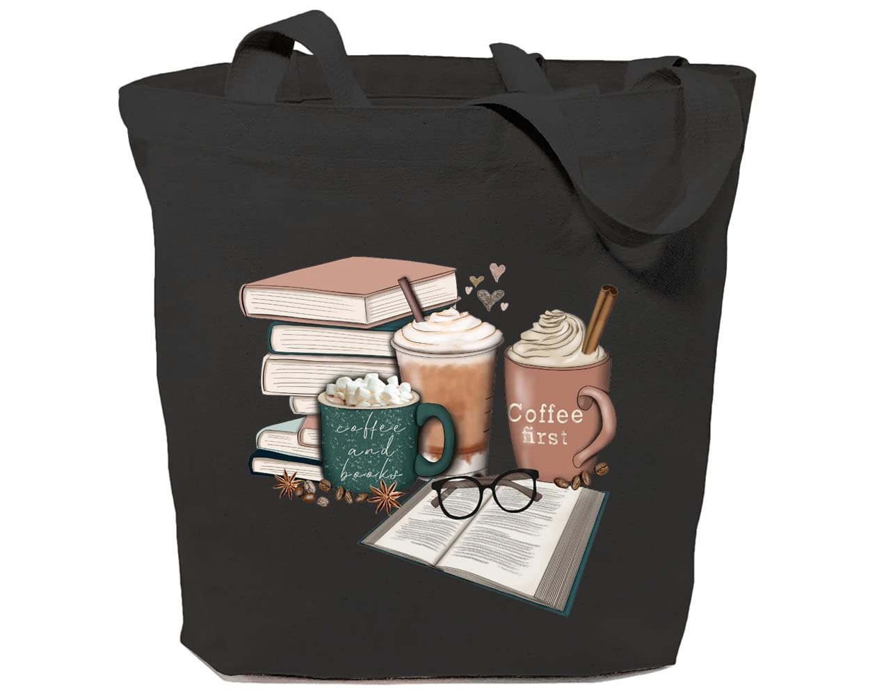 GXVUIS Coffee And Books Canvas Tote Bag for Women Aesthetic Hand Drawn Graphic Reusable Grocery Shoulder Shopping Bags Black