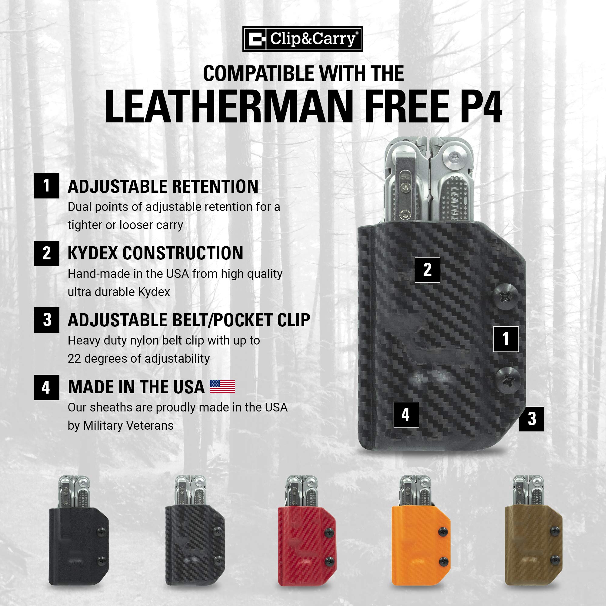 Clip & Carry Kydex Multitool Sheath for LEATHERMAN FREE P4 - Made in USA (Multi-tool not included) EDC Multi Tool Holder Holster Cover (Red Carbon Fiber)