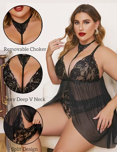 Avidlove Black Plus Size Lingerie Sexy Lace Nighty Mesh V Neck Chemise X-Large