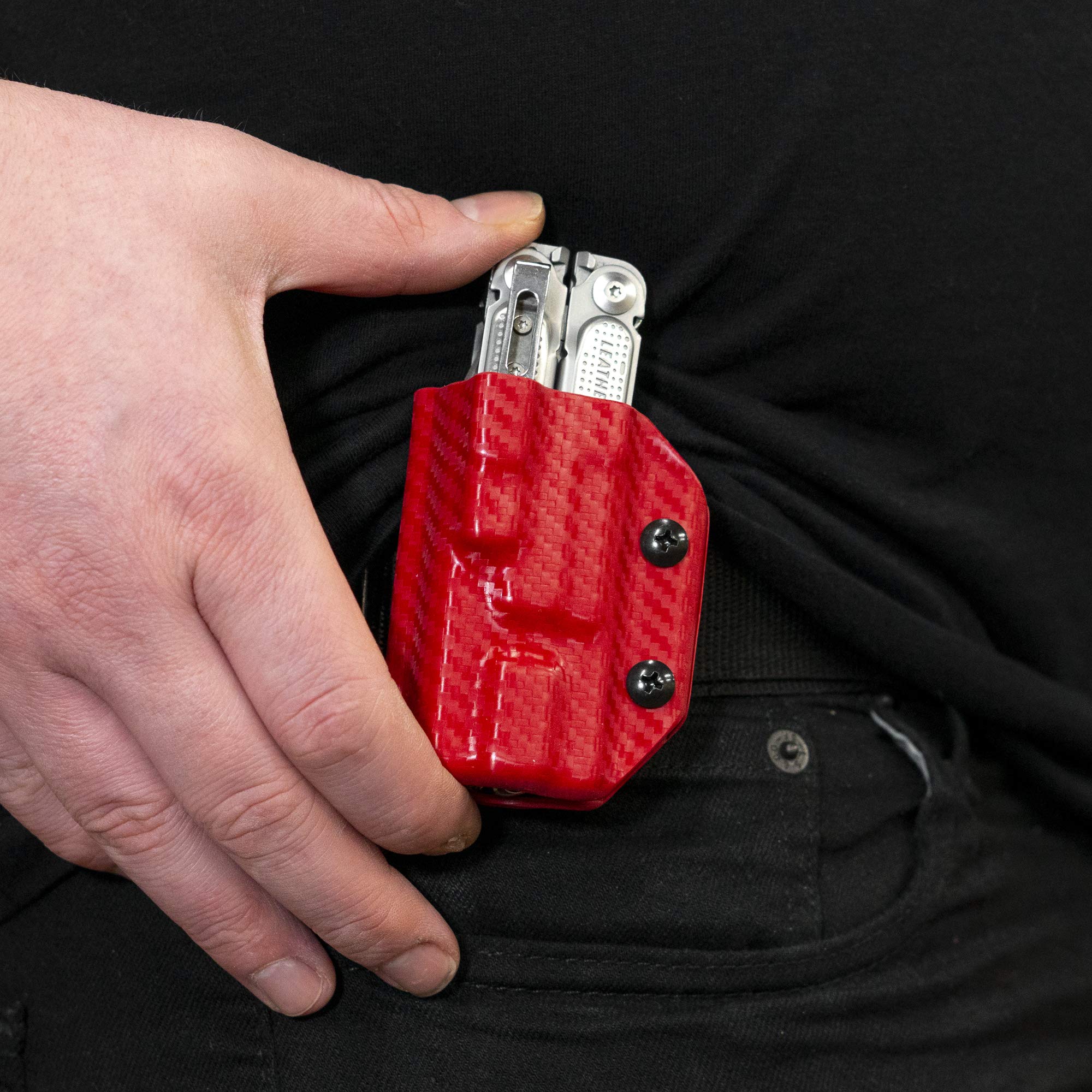 Clip & Carry Kydex Multitool Sheath for LEATHERMAN FREE P4 - Made in USA (Multi-tool not included) EDC Multi Tool Holder Holster Cover (Red Carbon Fiber)