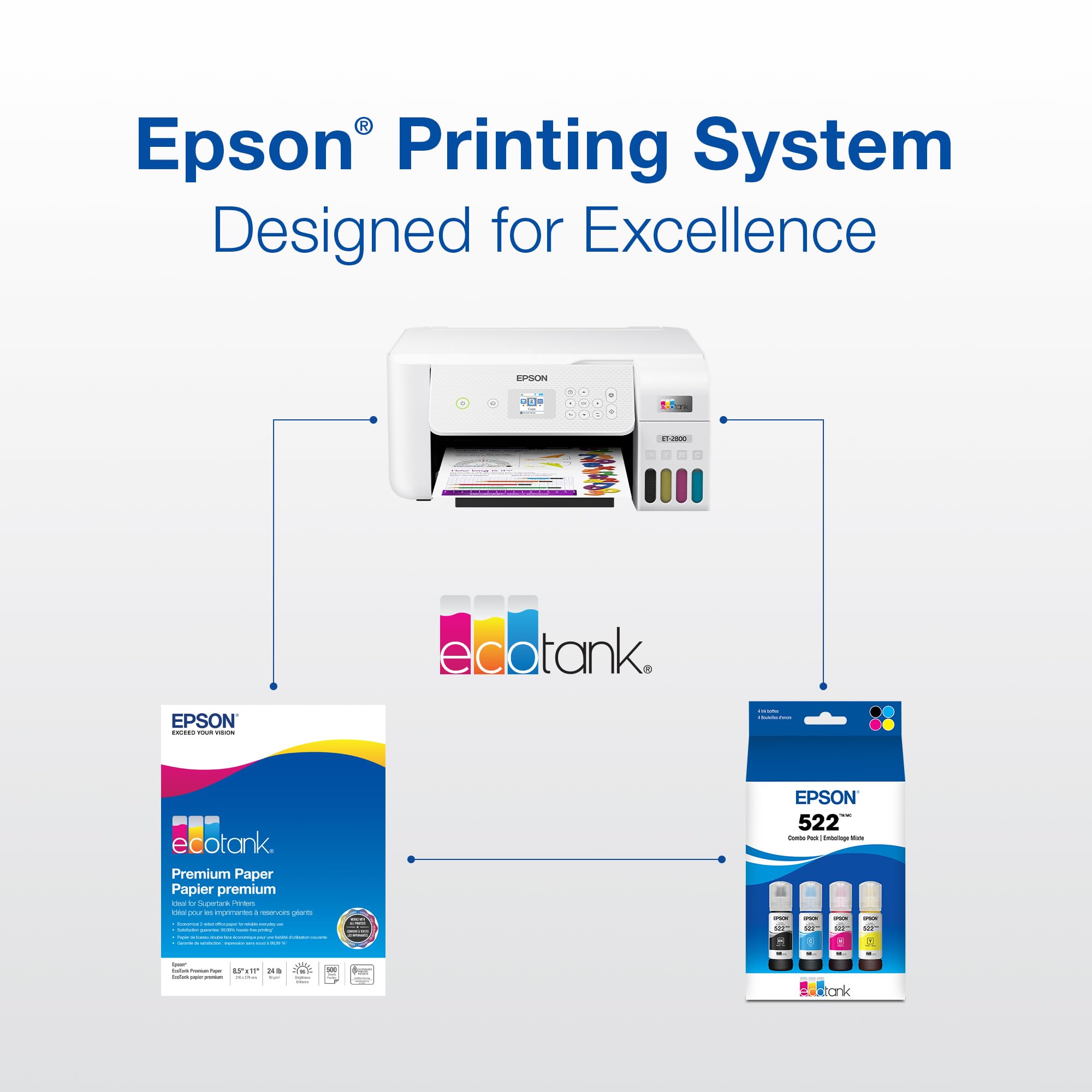 EPSON T522 EcoTank Ink Ultra-high Capacity Bottle Color Combo Pack (T522520-S) for select Epson EcoTank Printers
