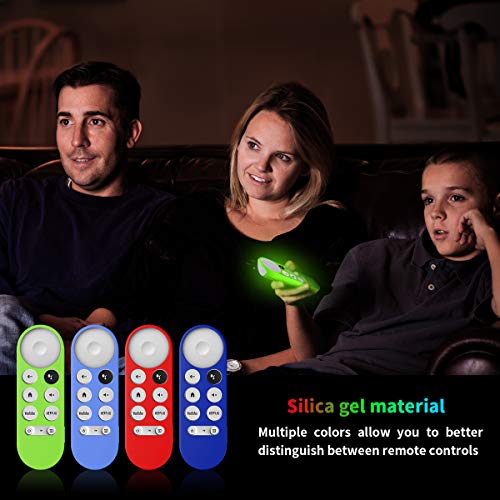 [4Pcs]Protective Case Compatible for Chromecast with Google TV Remote Control, Alquar Shockproof Silicone Skin for Google TV 2020 Voice Remote, Anti-Lost with Loop (red+dark blue+glow blue+glow green)