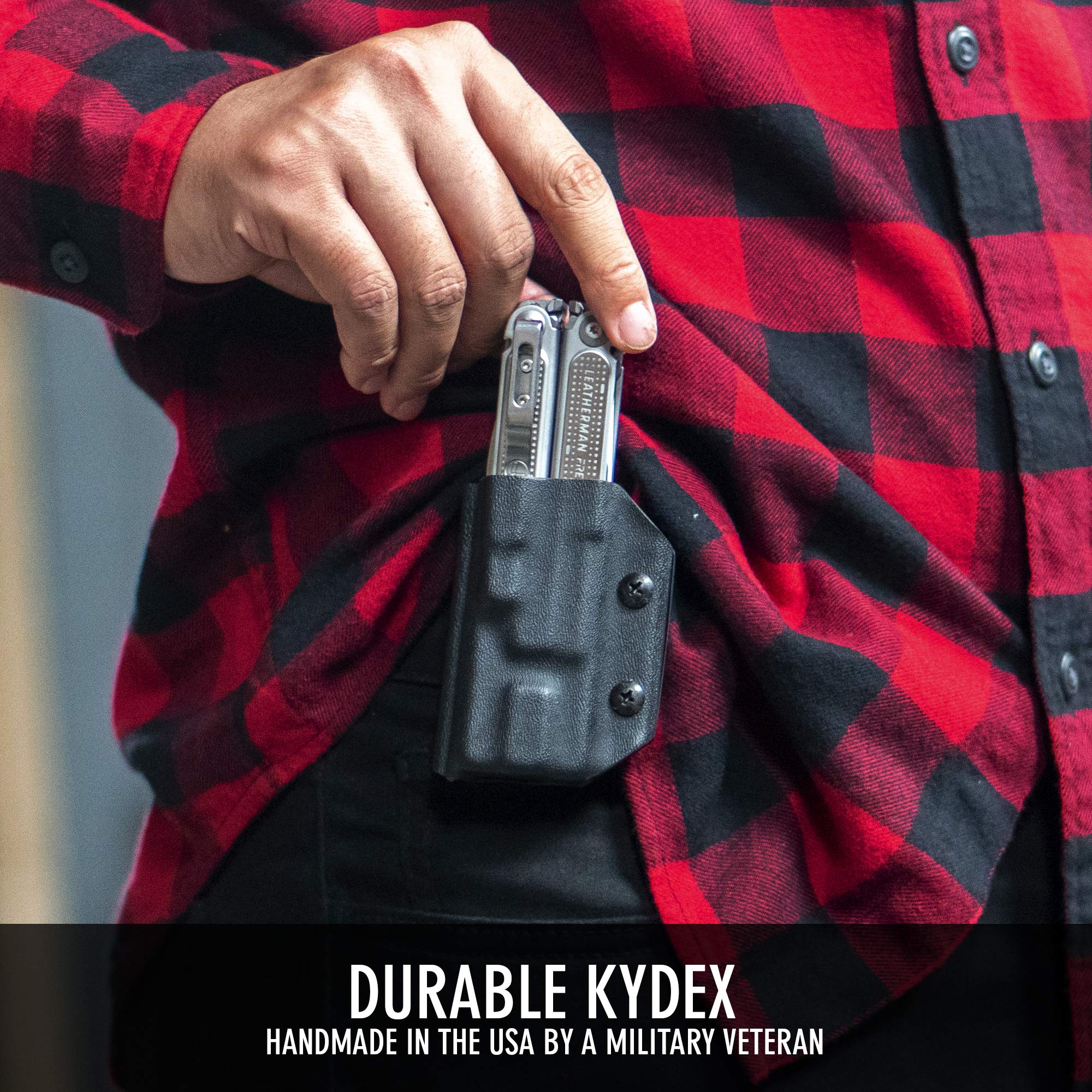 Clip & Carry Kydex Multitool Sheath for LEATHERMAN FREE P4 - Made in USA (Multi-tool not included) EDC Multi Tool Holder Holster Cover (Red Carbon Fiber)