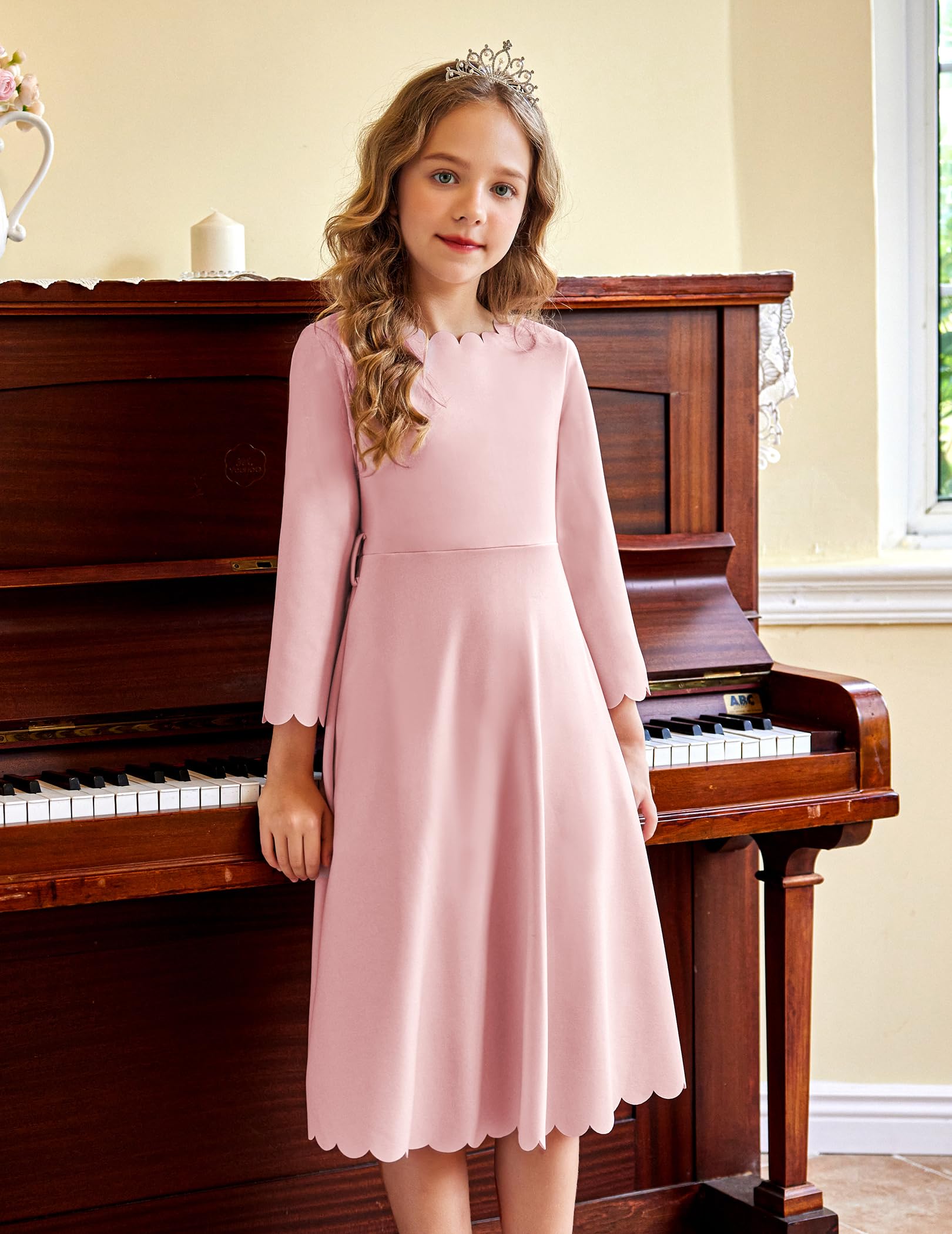 Arshiner Big Girls Dresses 3/4 Sleeve Scalloped Edge A-line Belted Banquet Dress with Pockets(Pink,13-14Years)