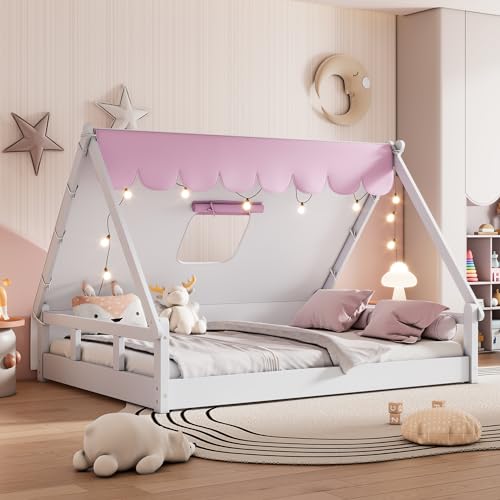 VilroCaz Wooden Full Size Tent Bed with Fabric for Kids Boys Girls, House Floor Bed Montessori Bed with Fence and Roof, Low Floor Bed Frame, Easy Assembly (Pink Fabric)