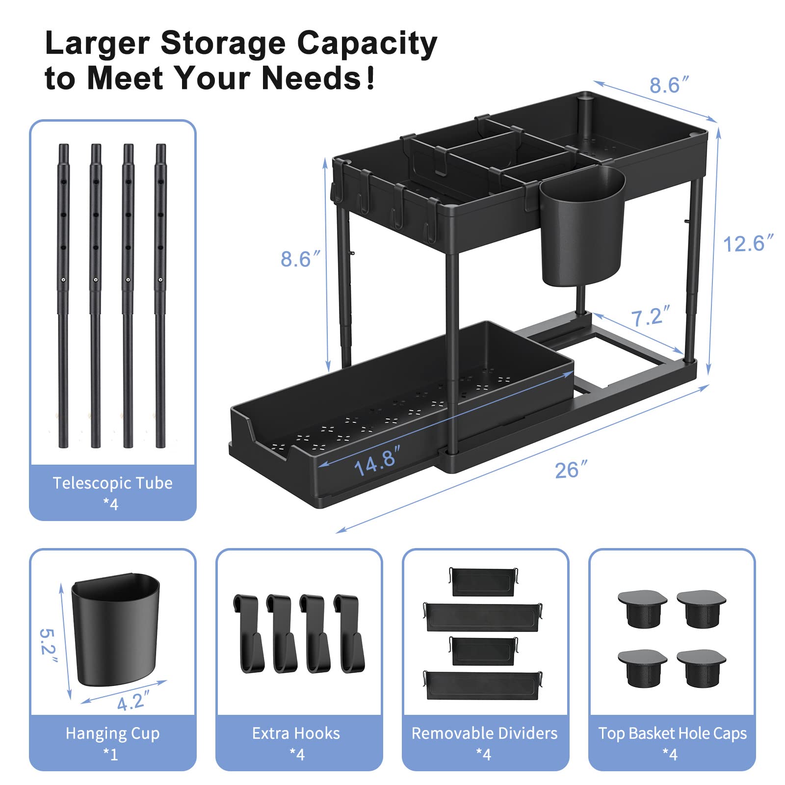 2 Pack Under Sink Organizers and Storage, 2 Tier Black Bathroom Cabinet Organizer with 4-Height Adjustable Telescopic Tube,4 Removable Dividers,4 Hooks,1 Cup,Bathroom Under Sink Organizer for Home