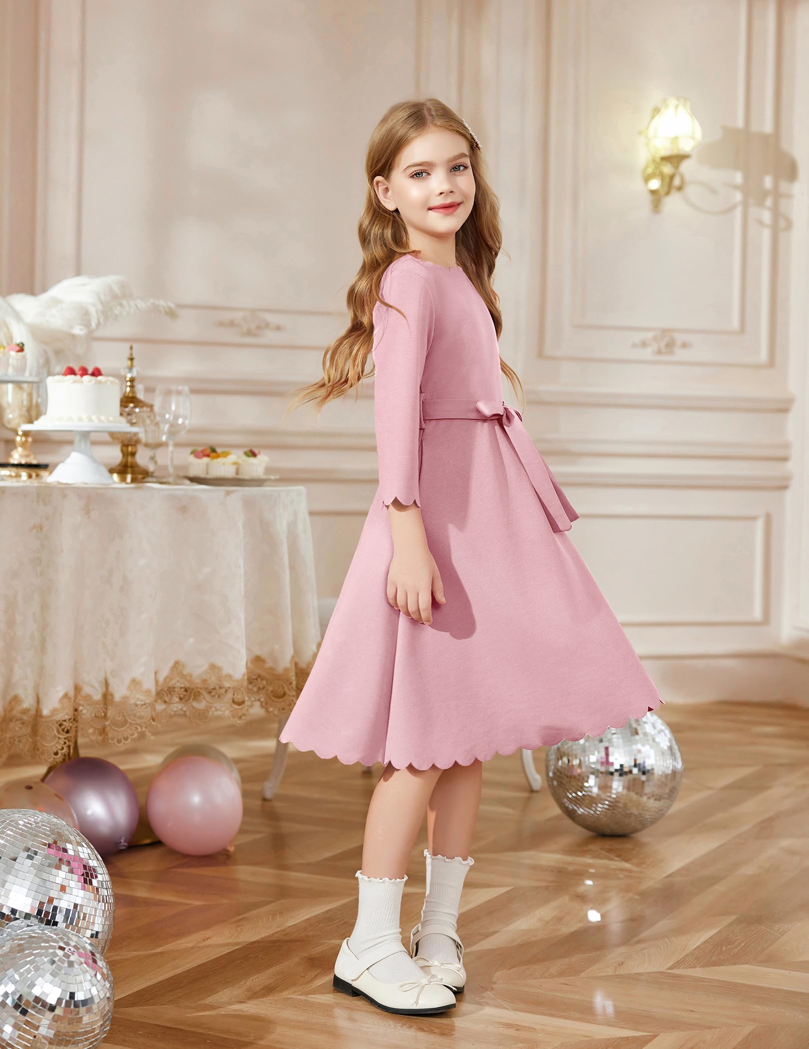 Arshiner Big Girls Dresses 3/4 Sleeve Scalloped Edge A-line Belted Banquet Dress with Pockets(Pink,13-14Years)