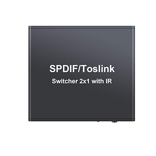 LiNKFOR 2x1 Digital Optical Audio Switch with IR Remote Control Digital Audio SPDIF Toslink Optical Fiber Switcher 2 in 1 Out Aluminum Alloy with 6ft Optical Cable for PS3 Xbox Blue-Ray DVD HDTV