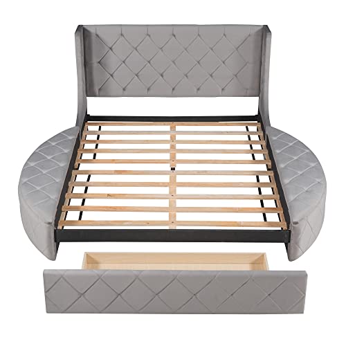RORIGAT Queen Size Platform Bed, Velvet Upholstered Bed with Wingback Headboard and and 1 Big Drawer, 2 Side Storage Stool for Boys Girls Adults, No Box Spring Needed, Gray