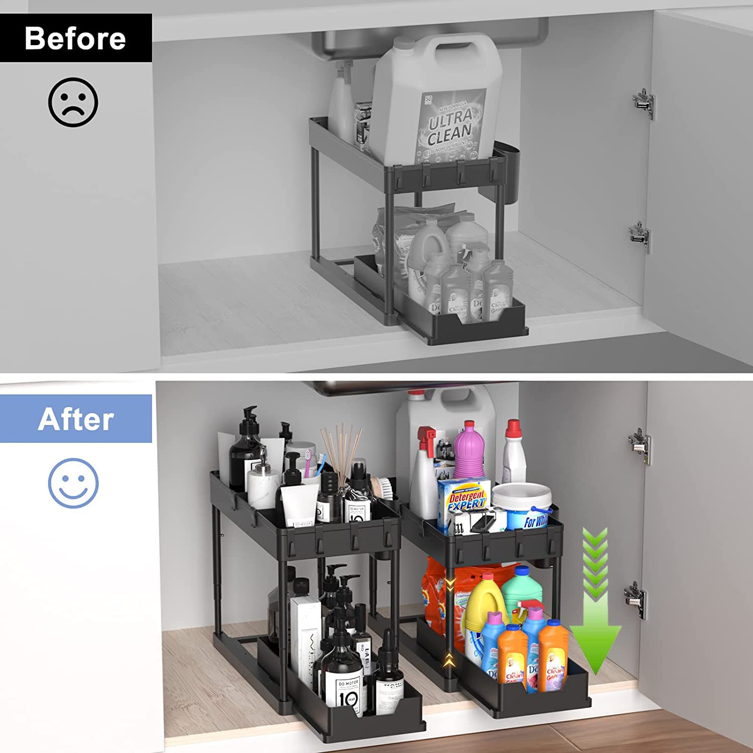 2 Pack Under Sink Organizers and Storage, 2 Tier Black Bathroom Cabinet Organizer with 4-Height Adjustable Telescopic Tube,4 Removable Dividers,4 Hooks,1 Cup,Bathroom Under Sink Organizer for Home