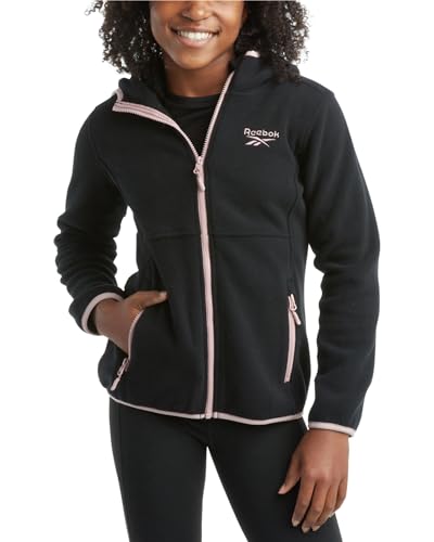 Reebok Girls' Fleece Jacket - Polar Fleece Hoodie Sweatshirt Jacket - Lightweight Coat for Girls (4-16), Size 7-8, Black