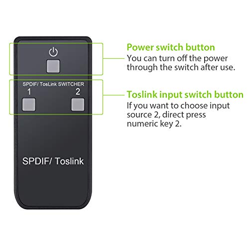 LiNKFOR 2x1 Digital Optical Audio Switch with IR Remote Control Digital Audio SPDIF Toslink Optical Fiber Switcher 2 in 1 Out Aluminum Alloy with 6ft Optical Cable for PS3 Xbox Blue-Ray DVD HDTV