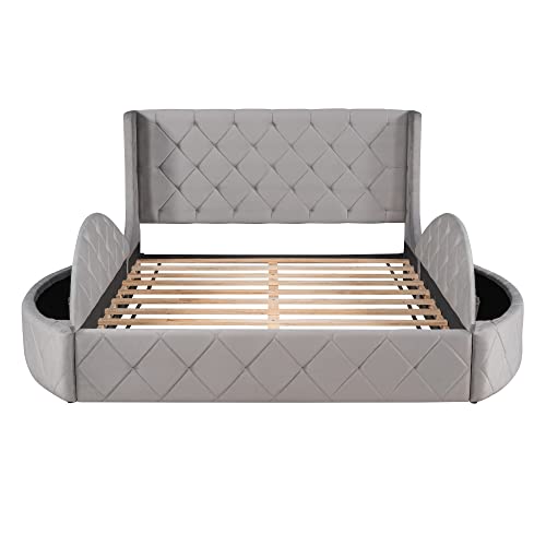 RORIGAT Queen Size Platform Bed, Velvet Upholstered Bed with Wingback Headboard and and 1 Big Drawer, 2 Side Storage Stool for Boys Girls Adults, No Box Spring Needed, Gray