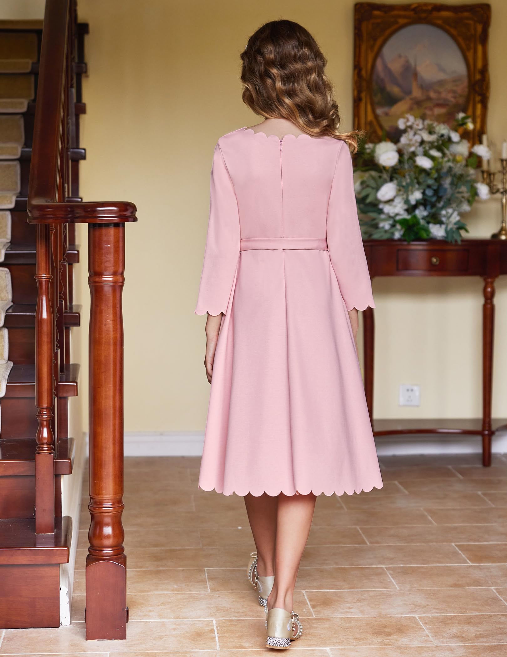 Arshiner Big Girls Dresses 3/4 Sleeve Scalloped Edge A-line Belted Banquet Dress with Pockets(Pink,13-14Years)