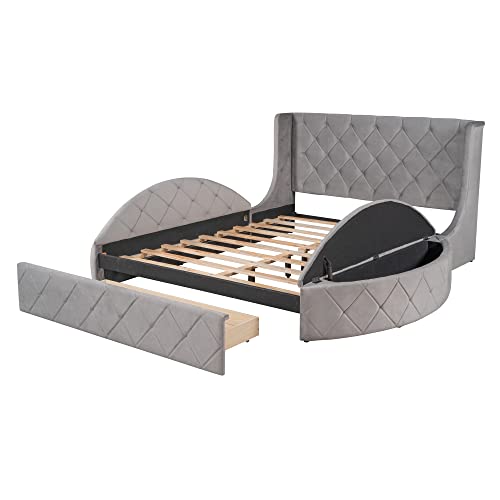 RORIGAT Queen Size Platform Bed, Velvet Upholstered Bed with Wingback Headboard and and 1 Big Drawer, 2 Side Storage Stool for Boys Girls Adults, No Box Spring Needed, Gray
