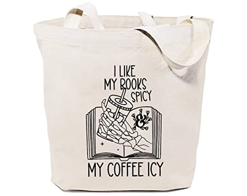 GXVUIS I Like My Books Spicy and My Coffee Icy Canvas Tote Bag for Women Aesthetic Reusable Eco-Friendly Grocery Shopping Bag White