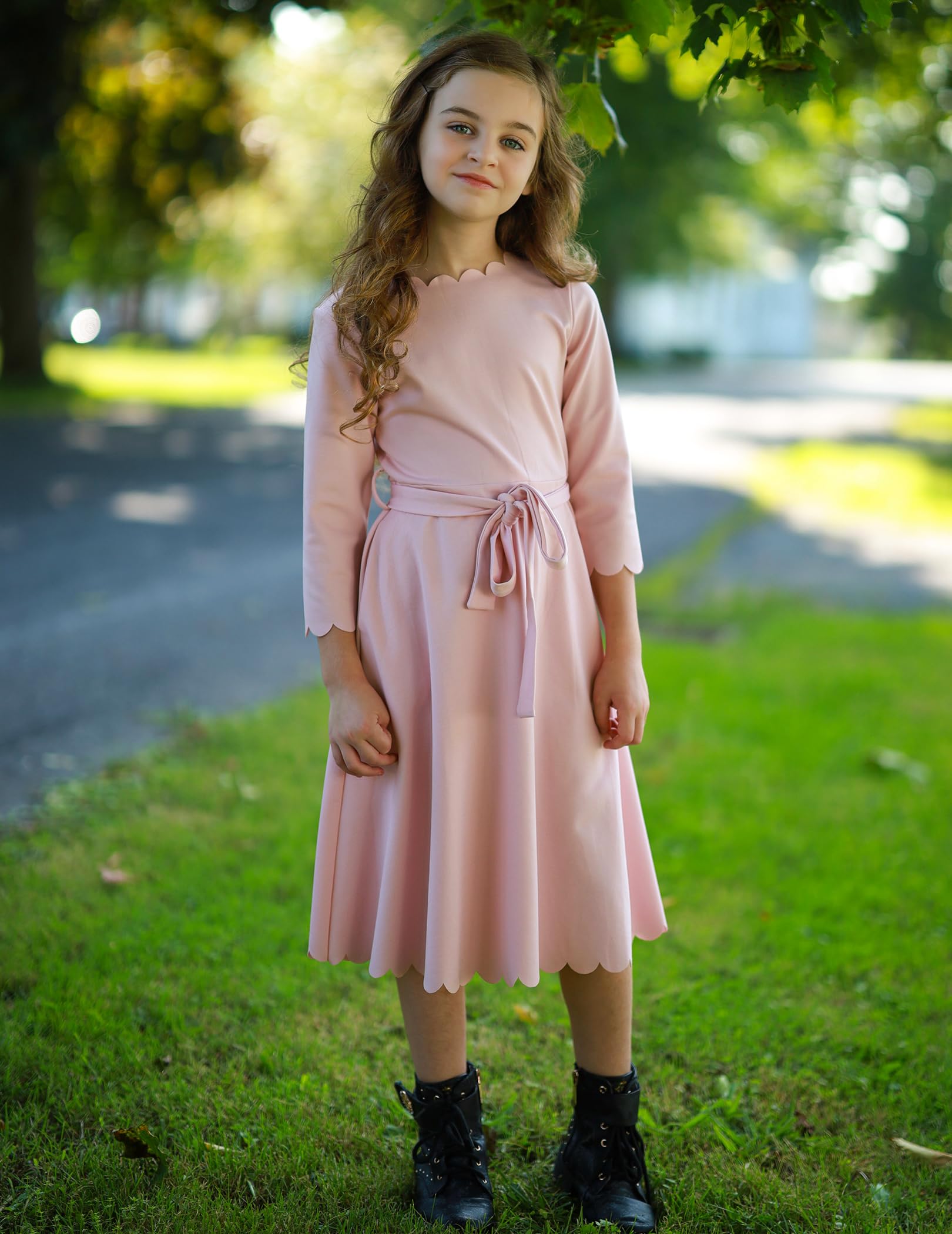 Arshiner Big Girls Dresses 3/4 Sleeve Scalloped Edge A-line Belted Banquet Dress with Pockets(Pink,13-14Years)