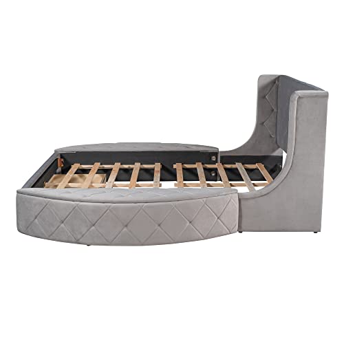 RORIGAT Queen Size Platform Bed, Velvet Upholstered Bed with Wingback Headboard and and 1 Big Drawer, 2 Side Storage Stool for Boys Girls Adults, No Box Spring Needed, Gray